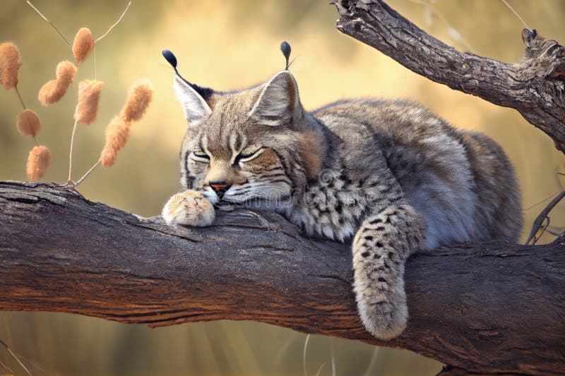 Bobcat Napping on Tree Branch Stock Illustration - Illustration of ...
