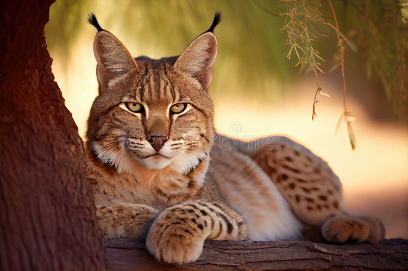 Bobcat Resting in the Shade of a Tree, with Its Head on Its Paws Stock ...