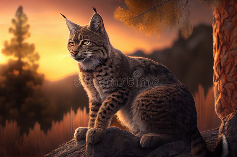 Bobcat Sitting on Rock in Forest, with View of the Sunset Stock ...