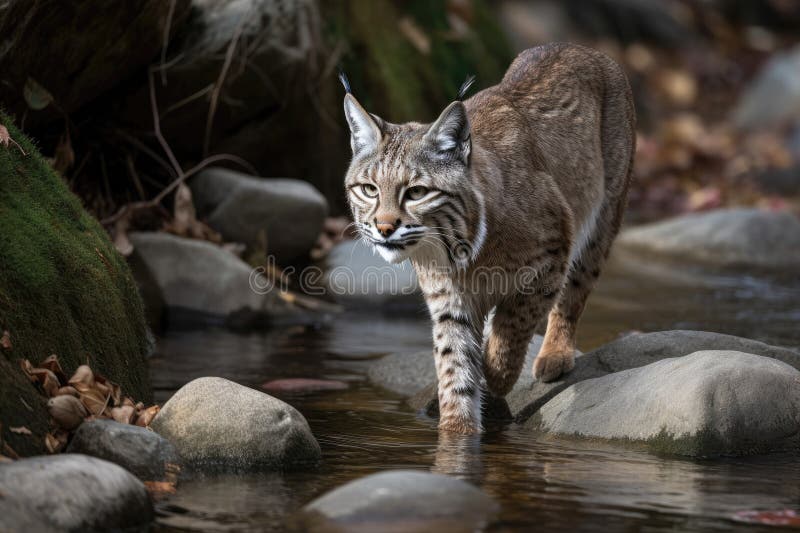 A Bobcat Stalking Prey Near a Mountain Stream. Generative AI Stock ...