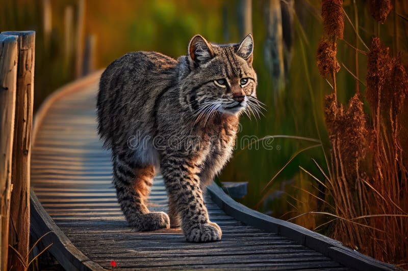 Bobcat Walking Along Boardwalk in Forest Stock Illustration ...