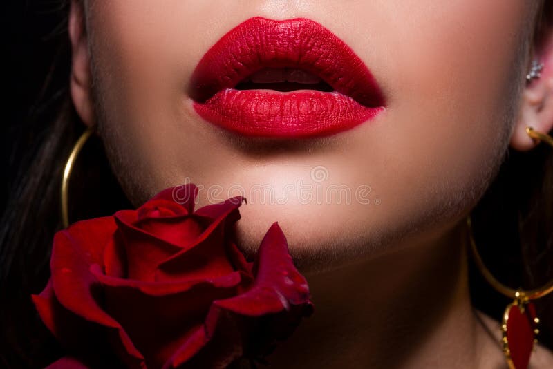 Boca De Mujer Labial Cerrada. Bellos Labios De Mujer Con Rosa. Foto de ...