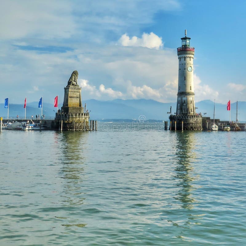 Bodensee Lake Constanz Lindau Lion Lighthouse Mountains Stock Photo ...