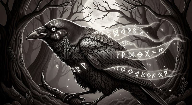 A Raven (Corvus Corax) is Perched on a Twisted Branch in a Dark Forest ...