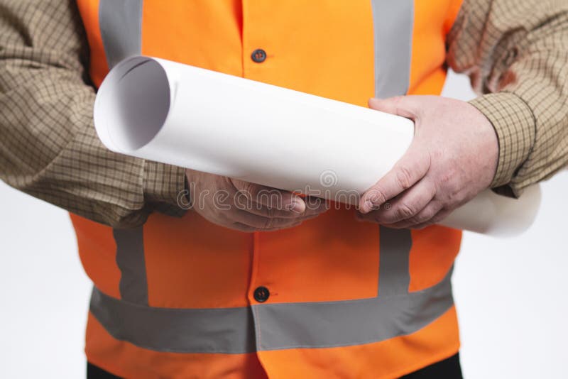 Body Part of Pot-bellied Engineer in Overalls Stretching Out His Hand ...