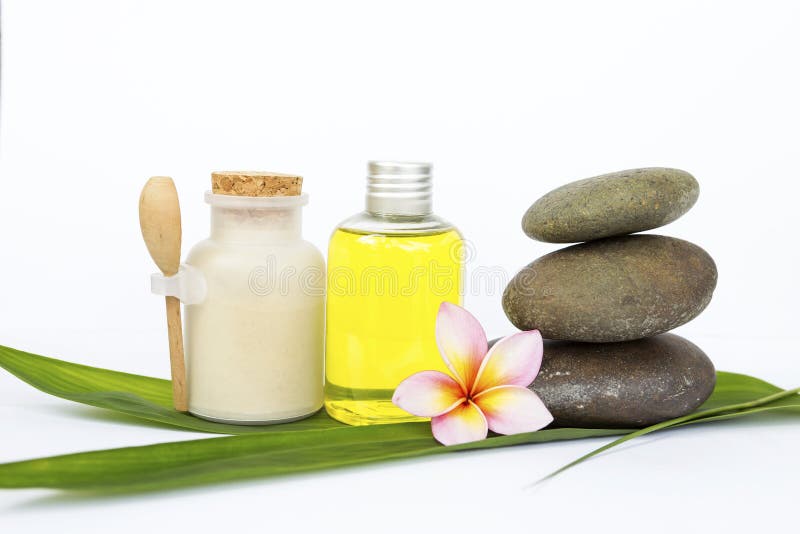 Body Scrub and Bath Gel and Zen Stone on White Background Stock Image ...