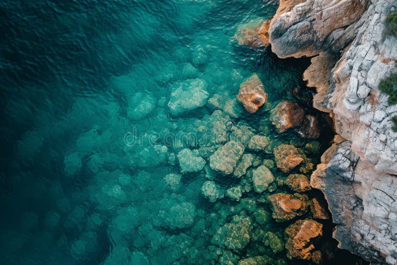 A Body of Water, Encompassed by Jagged Rocks and Lush Grass, Creates a ...