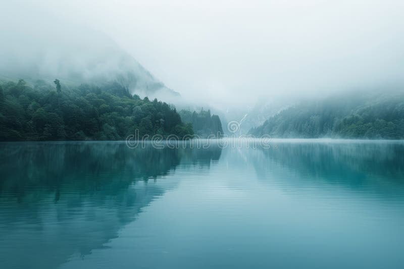 A Body of Water Enveloped by Trees with Mist Floating Above Its Surface ...