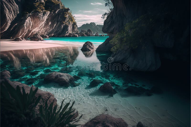 A Body of Water Surrounded by Rocks and Trees in a Cave Like Setting ...