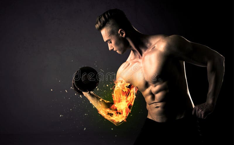 Bodybuilder Athlete Lifting Weight with Fire Explode Arm Concept Stock ...