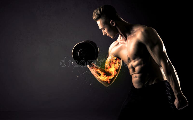 Bodybuilder Athlete Lifting Weight with Fire Explode Arm Concept Stock ...