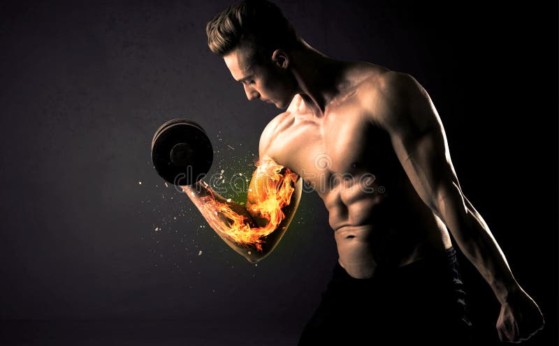 Bodybuilder Athlete Lifting Weight with Fire Explode Arm Concept Stock ...