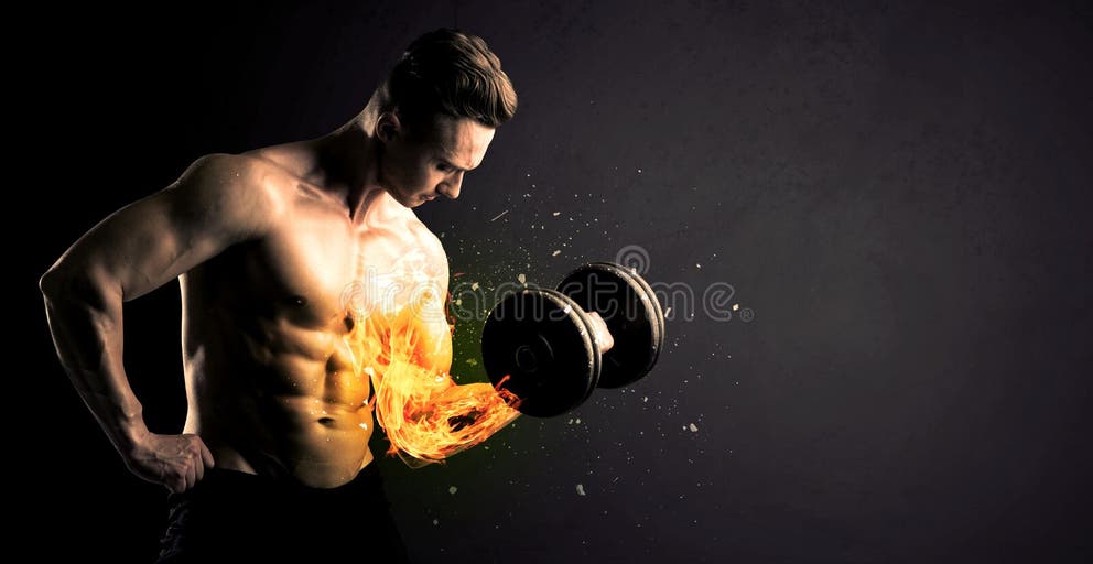 Bodybuilder Athlete Lifting Weight with Fire Explode Arm Concept Stock ...