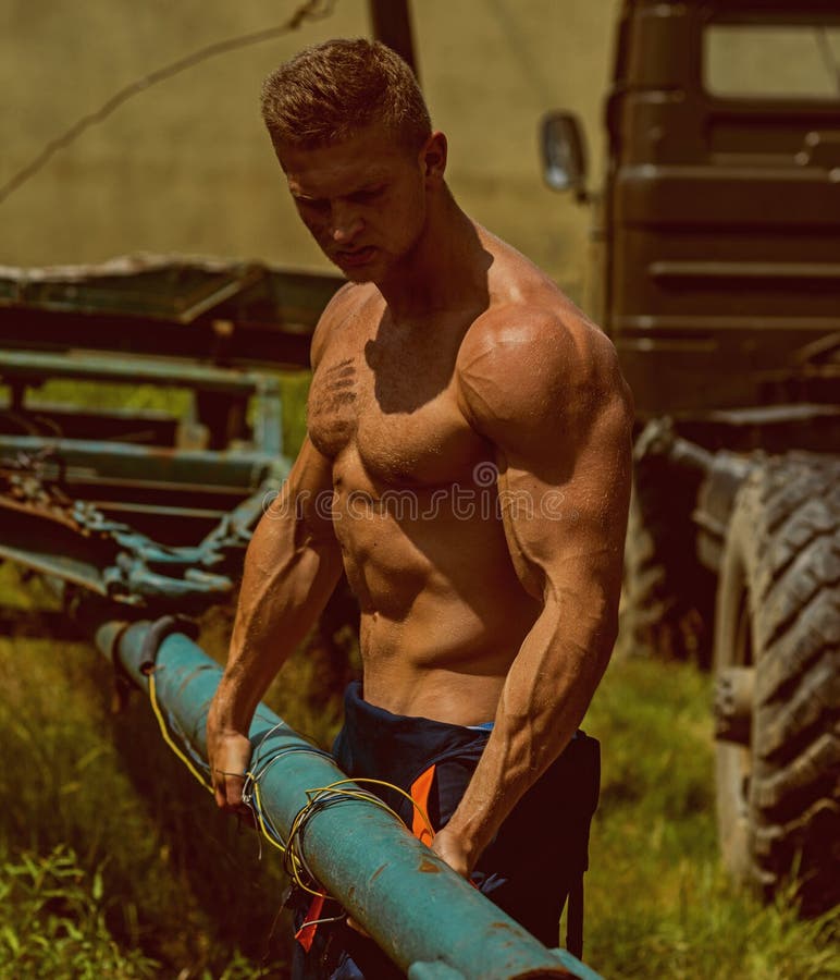 Bodybuilder Concept. Bodybuilder Man Pull Truck Trailer Stock Image ...
