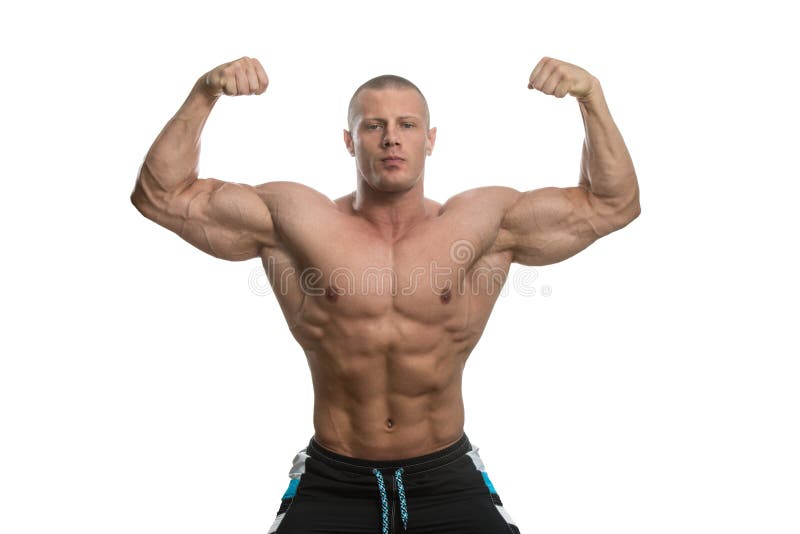 Bodybuilder and Double Biceps Pose Over White Background Stock Image ...