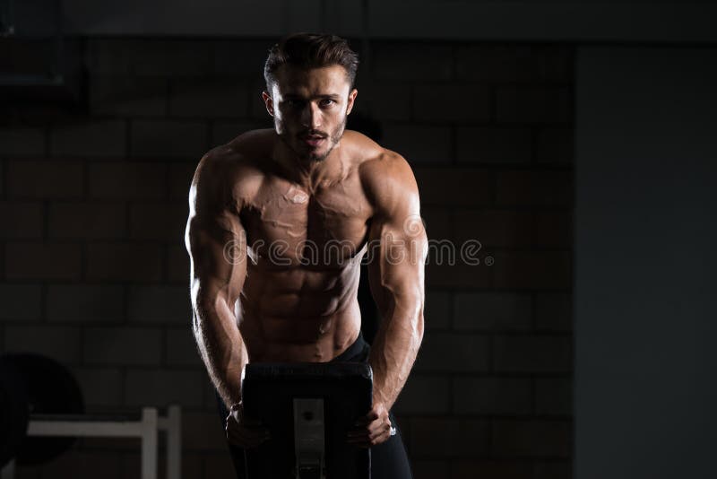 Bodybuilder Exercising Push Ups on Bench Stock Image - Image of human ...