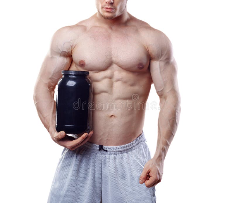 Bodybuilder Holding a Black Plastic Jar with Whey Protein on White ...