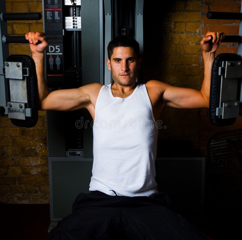 Bodybuilder Male Training on Pec Flyes Stock Photo - Image of biceps ...