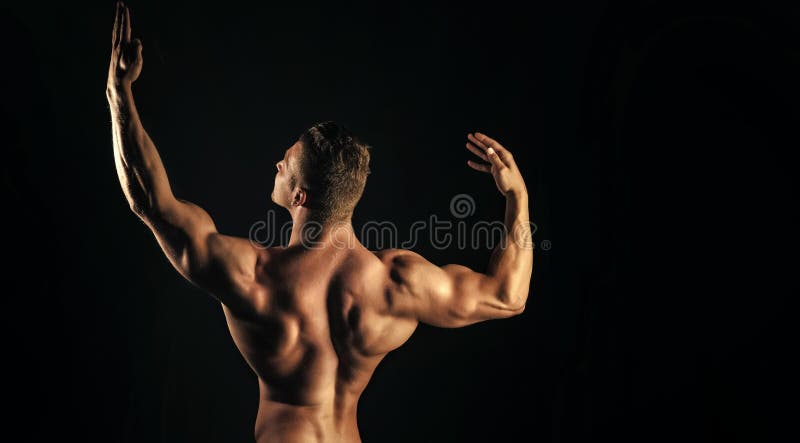 Bodybuilder Man with Muscular Torso Back and Hands. Banner Templates ...
