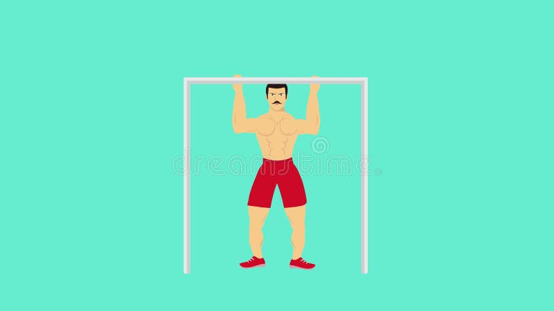 Bodybuilder Man with Mustache Doing Pull-up Exercise 4K Animation. Man ...