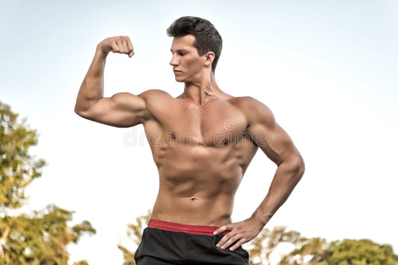 Bodybuilder Montrant Les Muscles Le Biceps Et Le Triceps Photo Stock