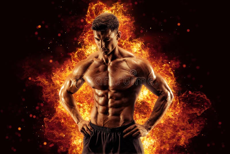 Bodybuilder Posing on the Fire Flames Background Stock Photo - Image of ...