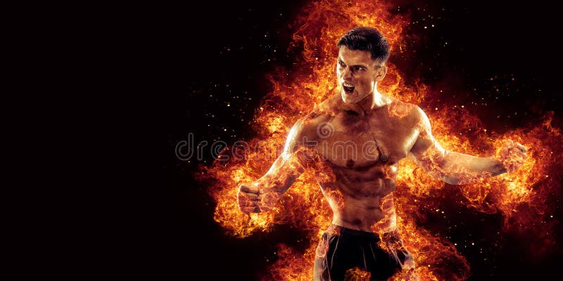 Bodybuilder Posing on the Fire Flames Background Stock Image - Image of ...