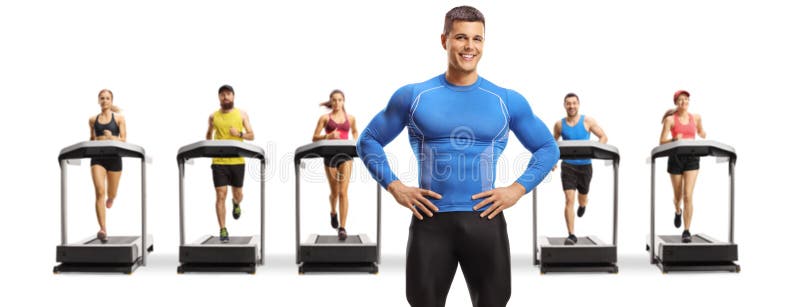 Bodybuilder Posing and People Running on Treadmills in a Row in the ...