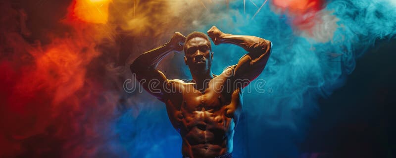 A Bodybuilder Striking a Dramatic Pose Muscles Defined Under Stage ...
