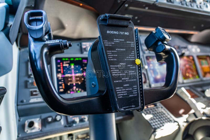 Close-up of Boeing 737-800 Control Column with Flight Instruments and ...