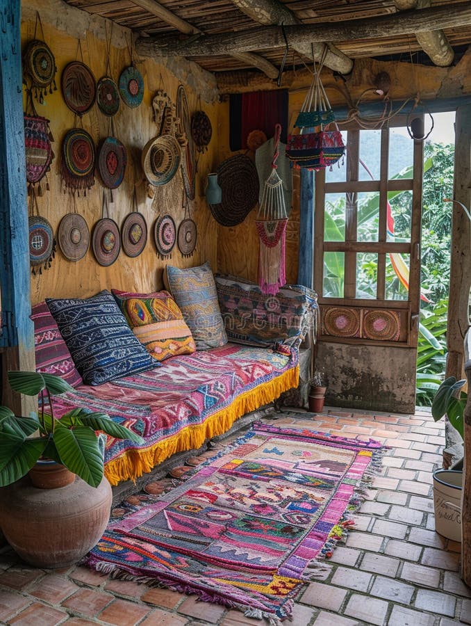 Bohemian Beach Hut with Colorful Fabrics Hammocks Stock Image - Image ...