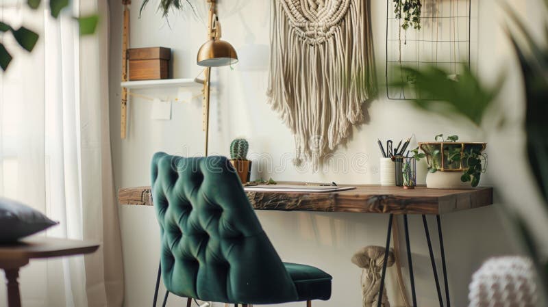 A Bohemian Chic Desk Setup Complete with a Macrame Wall Hanging and a ...