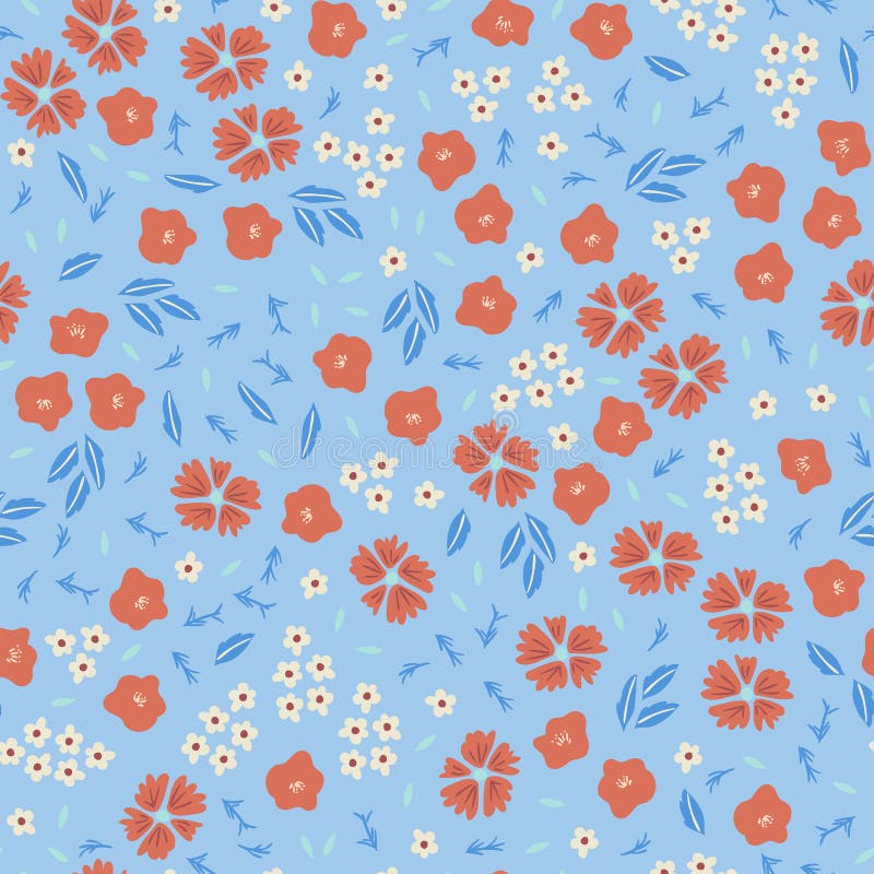 Bohemian Ditsy Pattern with Small Flowers on Blue Background. Stock ...