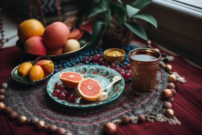 A Bohemian Inspired Still Life, Plate of Grapefruits and a Cup of Tea ...