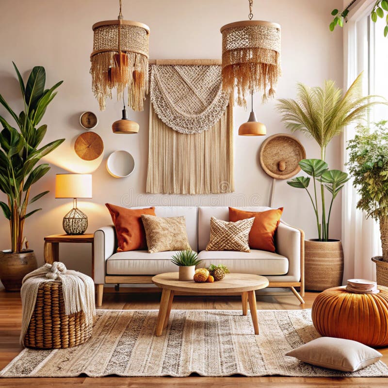 Bohemian Living Room with Natural Tones Stock Image - Image of ...