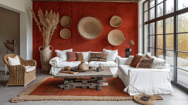 Bohemian Living Room with Red Accent Wall and Rustic Decor Stock Image ...
