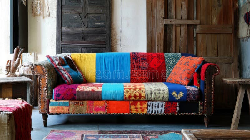 Bohemian Living Space Featuring a Colorful Patchwork Sofa in a Cozy ...