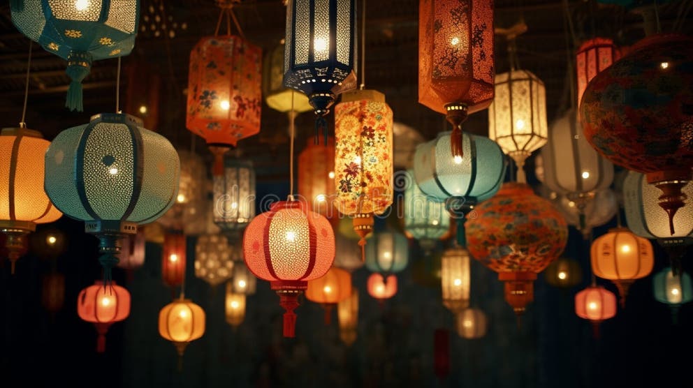 Bohemian Paper Lanterns Dangling from the Ceiling Stock Illustration ...