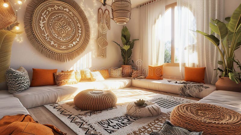 Bohemian Style Bedroom with Natural Boho Decor, Textiles Stock Photo ...