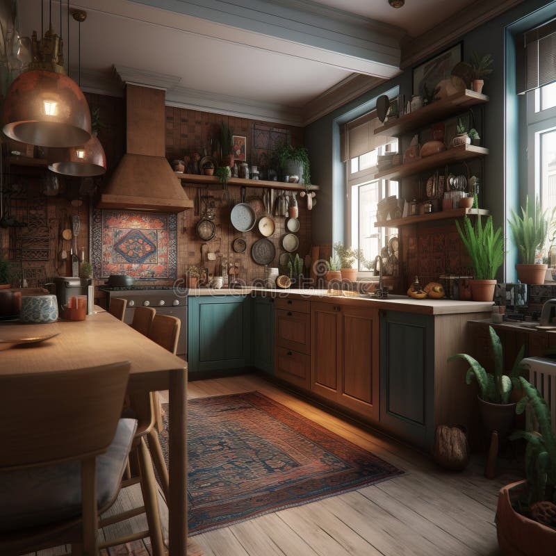 Bohemian Style Kitchen Interior with Decorative Elements Stock ...
