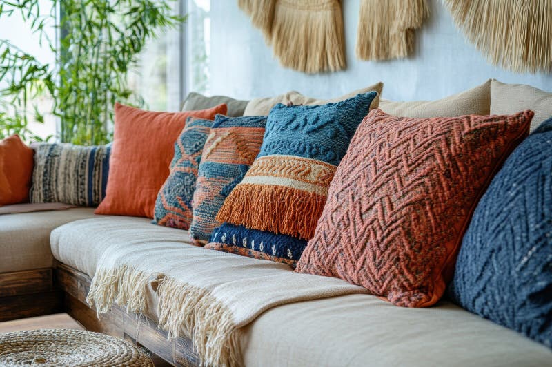 Bohemian Pillow Decor, Bohemian-themed Room with a Rustic Couch ...