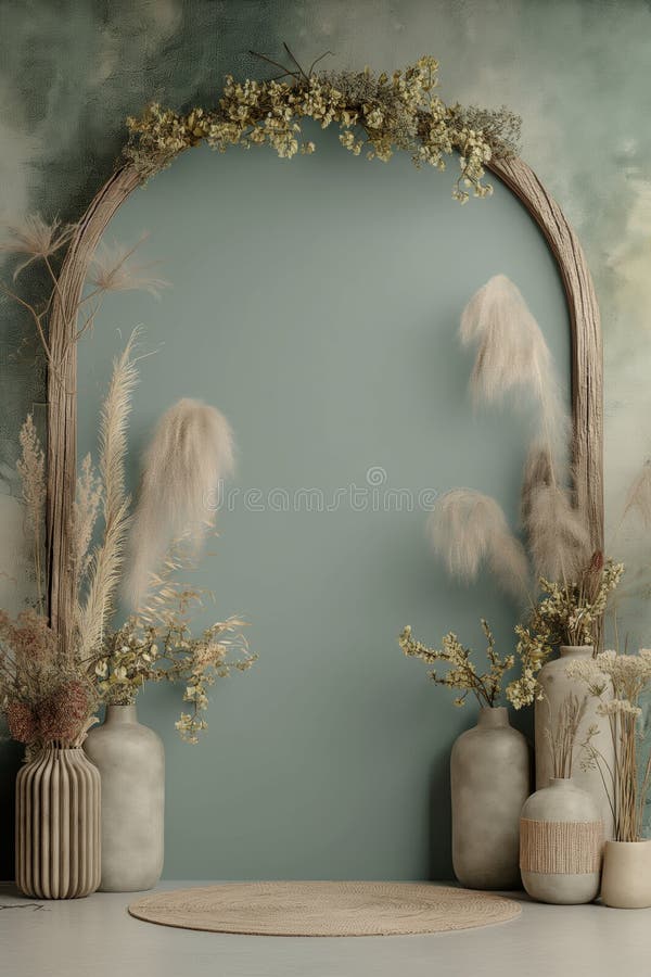 Boho Arch with Dried Flowers and Vases Stock Image - Image of studio ...