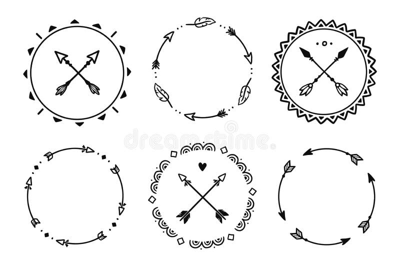 Boho Arrow Circle Frame Set. Hand Drawn Doodle African, Aztec Rustic Ethnic Arrow Border ...