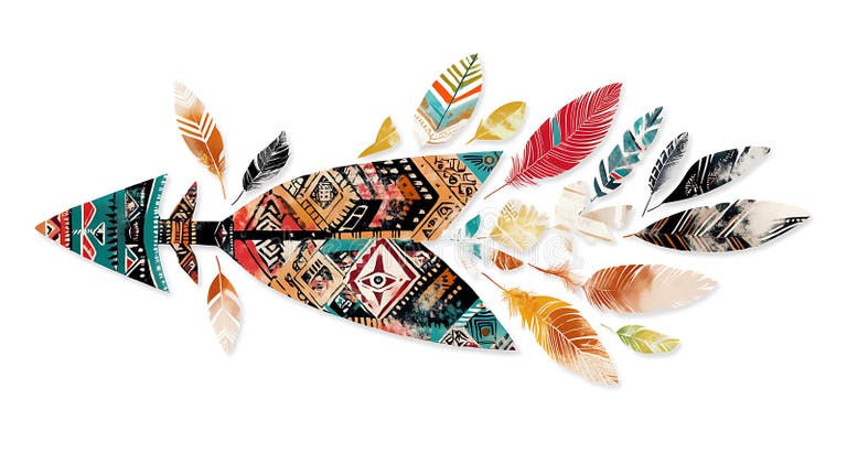 Boho Arrowhead Design with Colorful Tribal Patterns and Feathers Stock ...