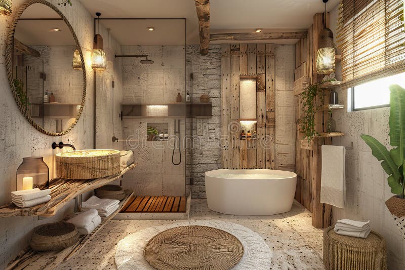 Boho Bathroom Interior Design with Modern Rustic Elements Stock Photo ...