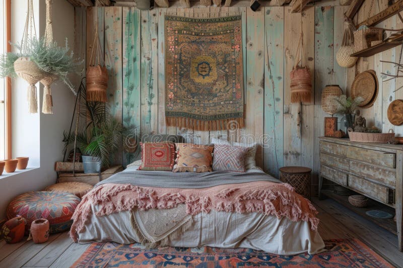 Boho Bedroom with Pastel Colors, Interior Design Stock Illustration ...