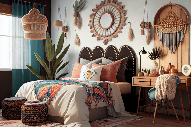 Boho Bedroom, with Whimsical Decor and Vintage Elements Stock ...