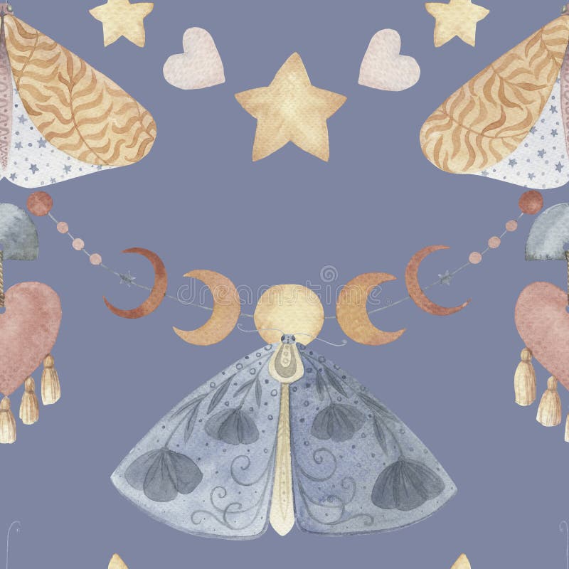 Boho Butterfly Seamless Pattern with Moon Phase and Star on the Rain ...