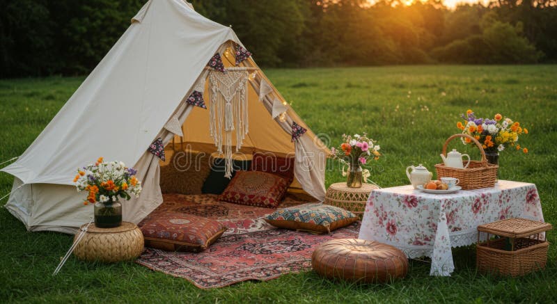 Boho Camping Tent Setup at Sunset in a Field Stock Illustration ...