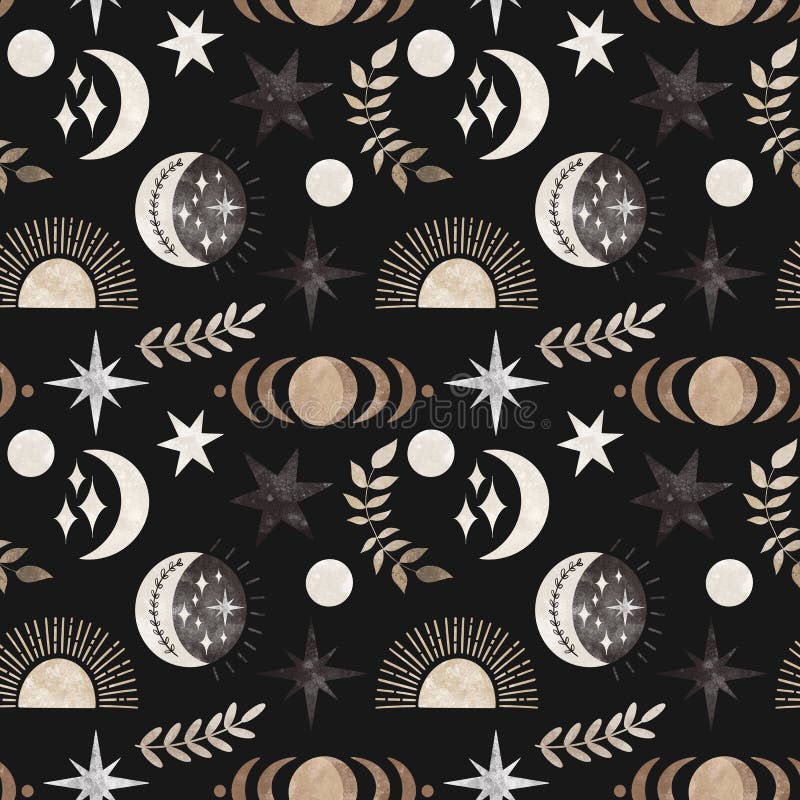 Boho Celestial Seamless Pattern of Hand Drawn Isolated Illustrations ...